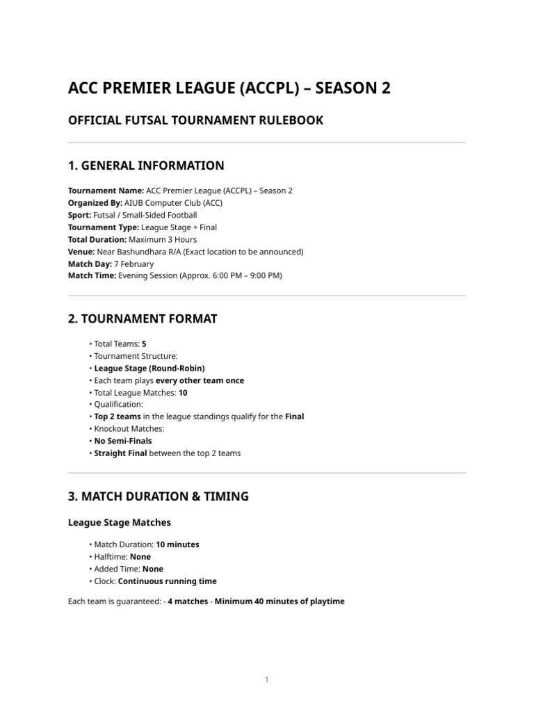 Accpl Season 2 - Official Futsal Rulebook | PDF | Sport Variants ...