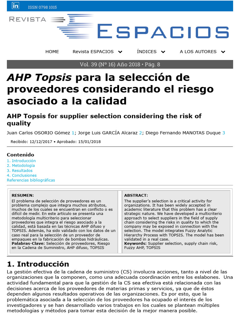 7 AHP Topsis para la selección de | PDF | Calidad (comercial ...