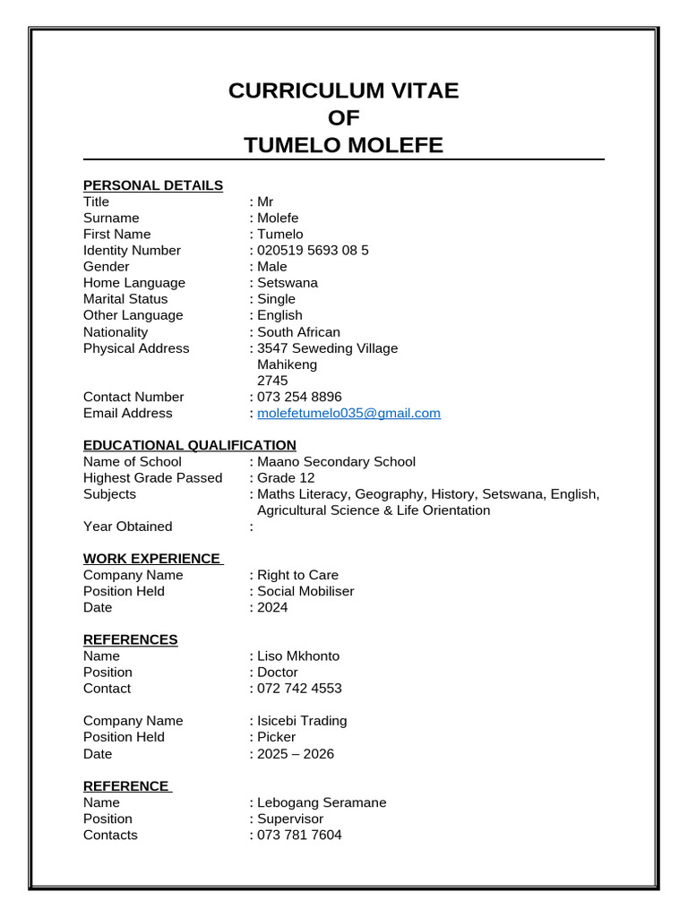 Tumelo Molefe Cv | PDF