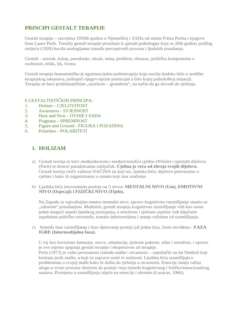 Principi Gestalt Terapije - Prijevod | PDF