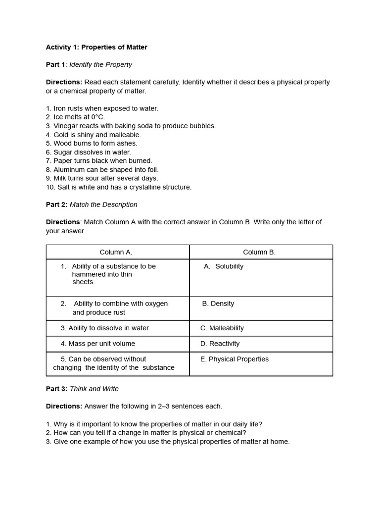 Grade 8 Activity - Properties of Matter | PDF