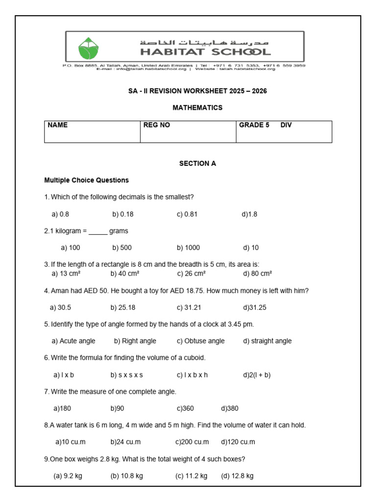 Summative Assessment - II 2025 - 2026 | PDF | Length | Area
