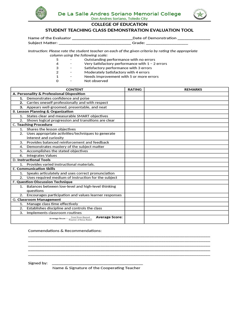 Student Teaching Class Demonstration Evaluation Tool | PDF | Teachers ...