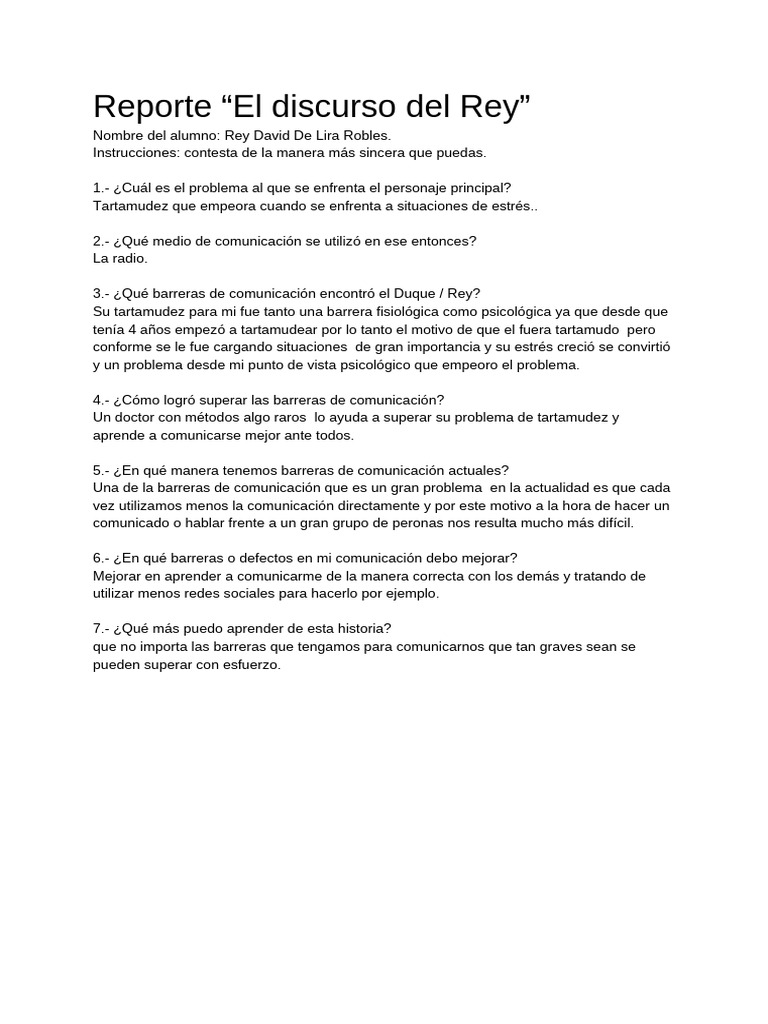 Contestar El Documento Sobre El _Discurso de Rey_ - Rey David de Lira ...