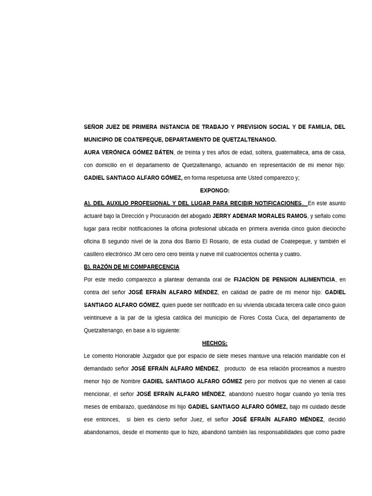 Fijacion de Pension ALIMENTICIA JUICIO ORAL | PDF | Pensión alimenticia ...