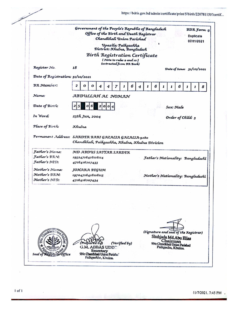 Birth Registration Certificate | PDF