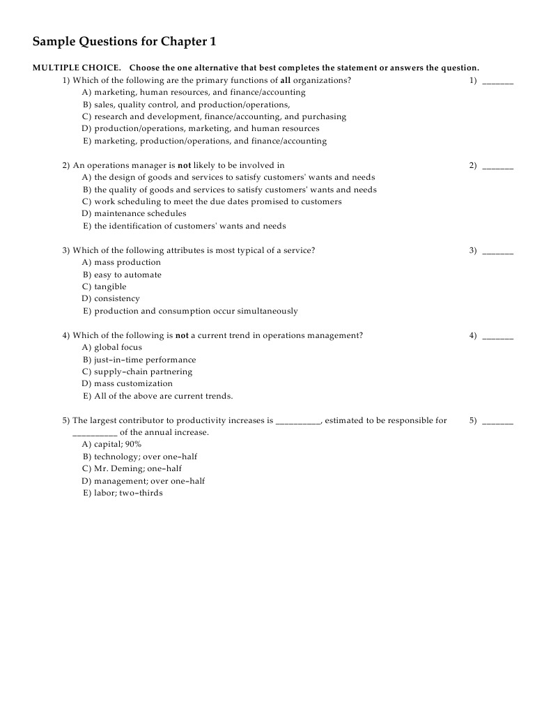 Sample Questions - Chapter 1 Operations Management - Heizer | PDF