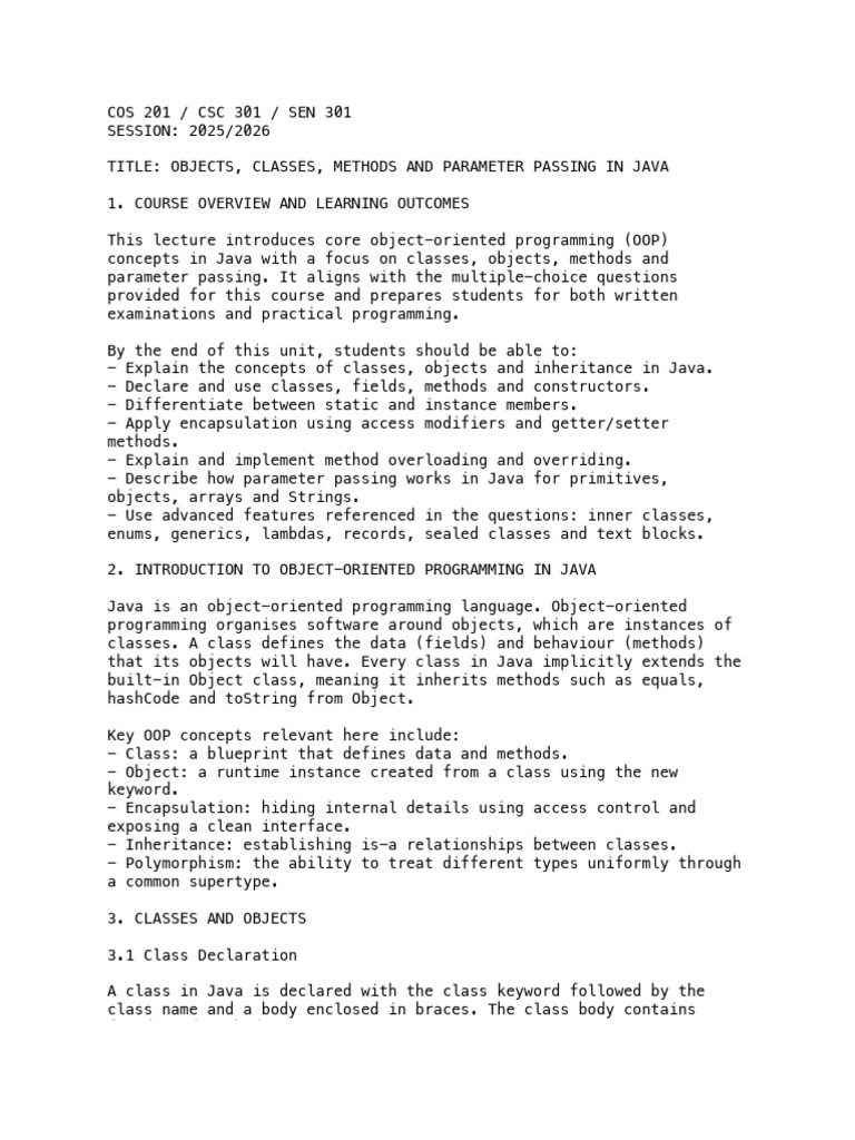 Lecure Note Java Objects Classes Methods Parameters 2025 2026 | PDF ...