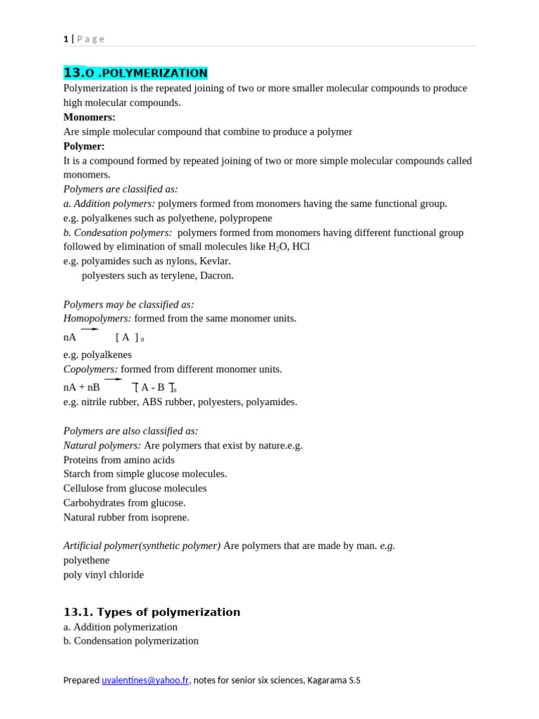Polymerisation and Polycondensation Chemistry Notes | PDF | Polymers ...