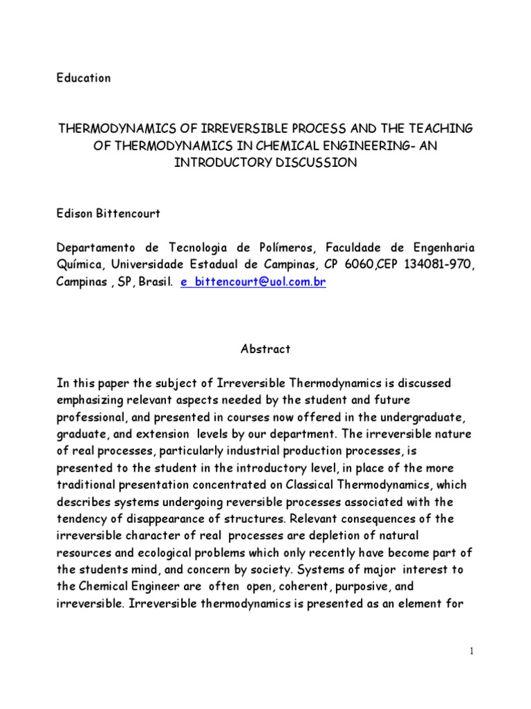 THERMODYNAMICS OF IRREVERSIBLE PROCESS AND THE TEACHING OF TH.D | PDF ...