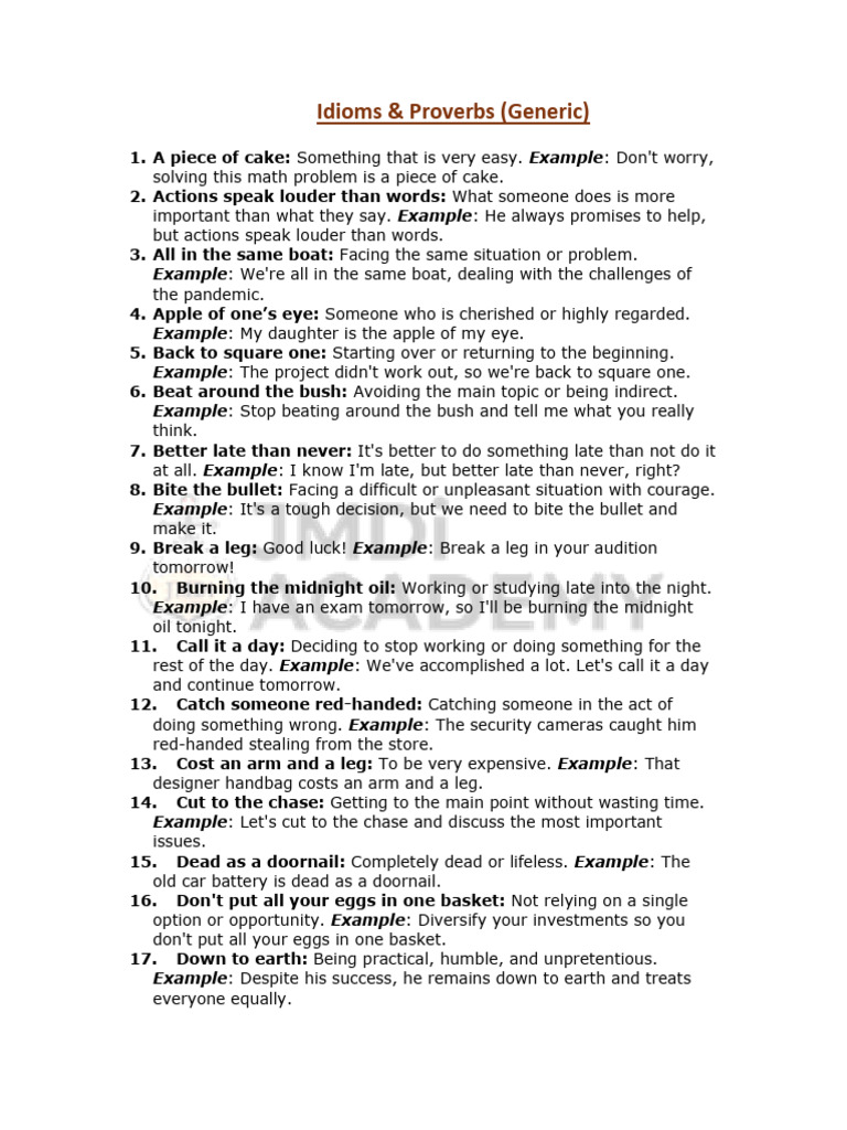 Idioms & Proverbs - Study Material + Question Bank | PDF