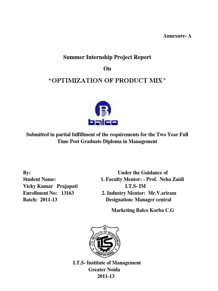 Balco. Vicky. Project Optimation of Product Mix | PDF | Foundry | Aluminium
