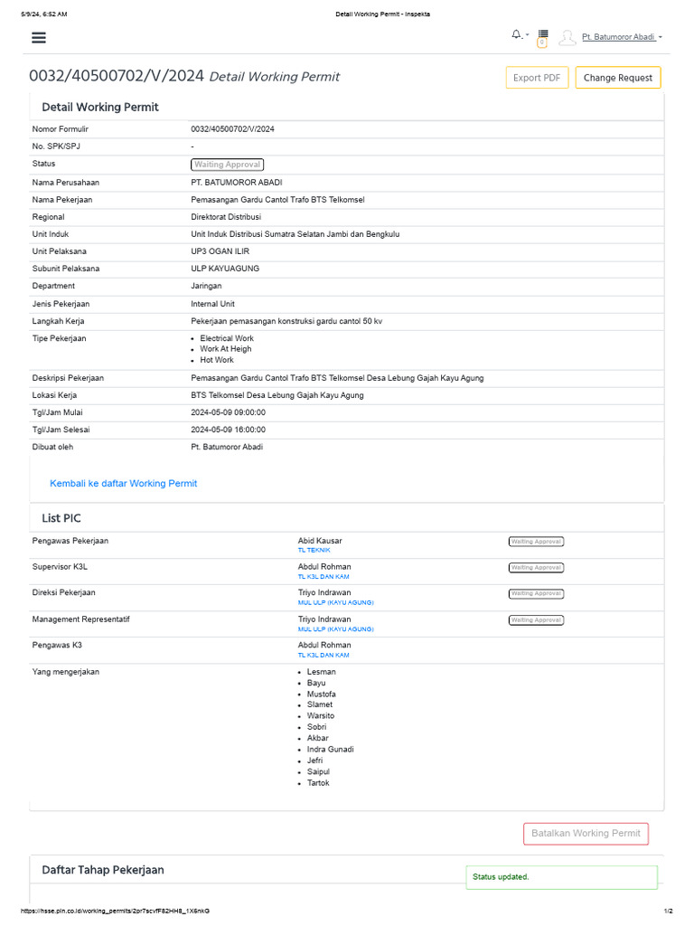 Detail Working Permit - Inspekta Bts | PDF