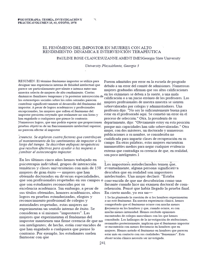 Clance e Imes - El Fenómeno Del Impostor en Mujeres Con Alto ...