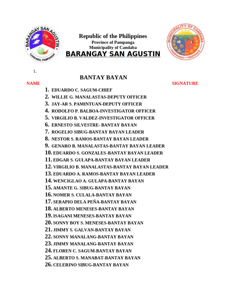 San Agustin Bantay Bayan Masterlist | PDF