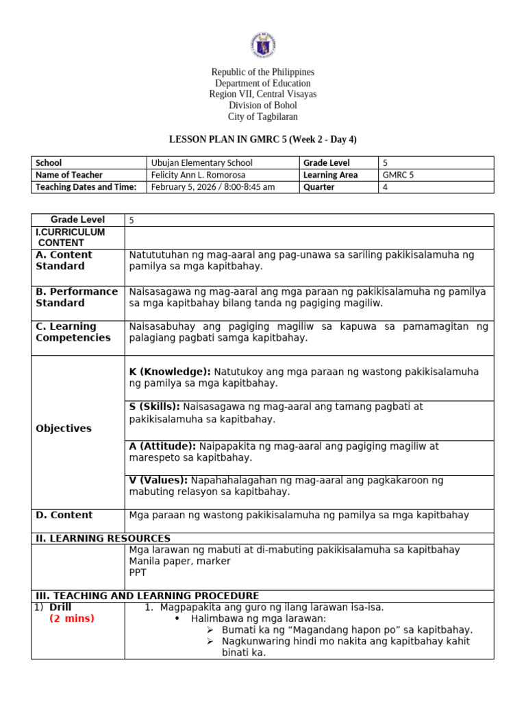LESSON PLAN IN GMRC 5 (Week 2 - Day 4) | PDF