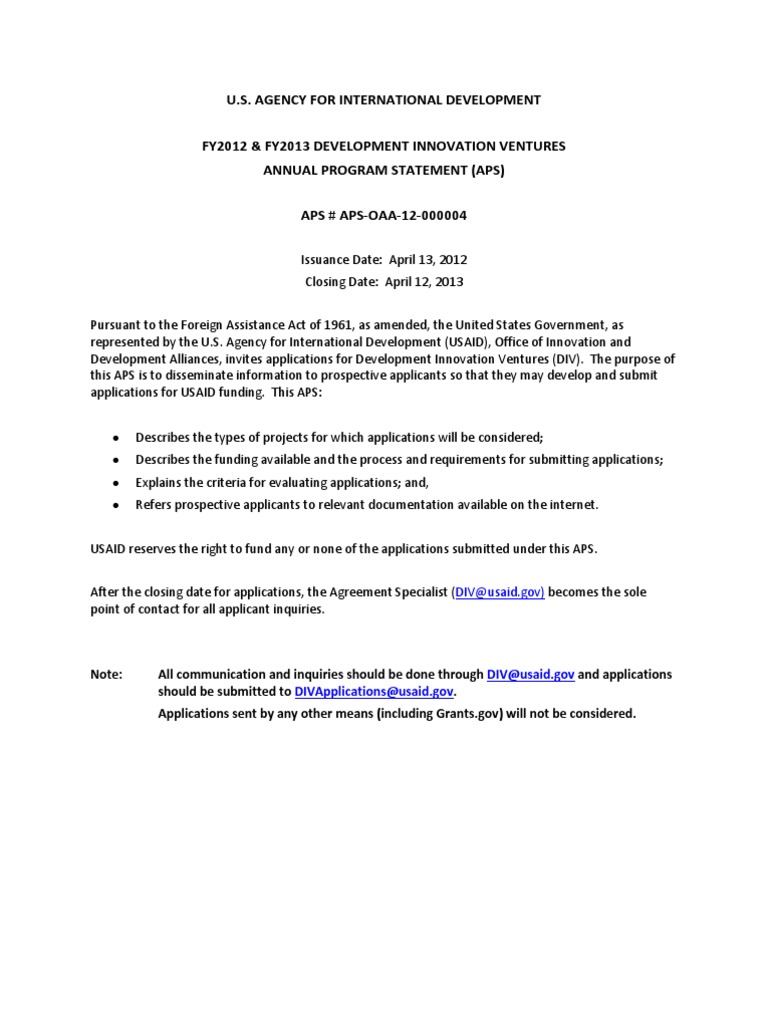 Aps-Oaa-12-000004 Div Annual Program Statement | PDF