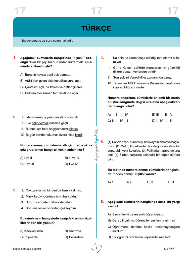 2020 5.sinif Turkce Madalyon-17 | PDF