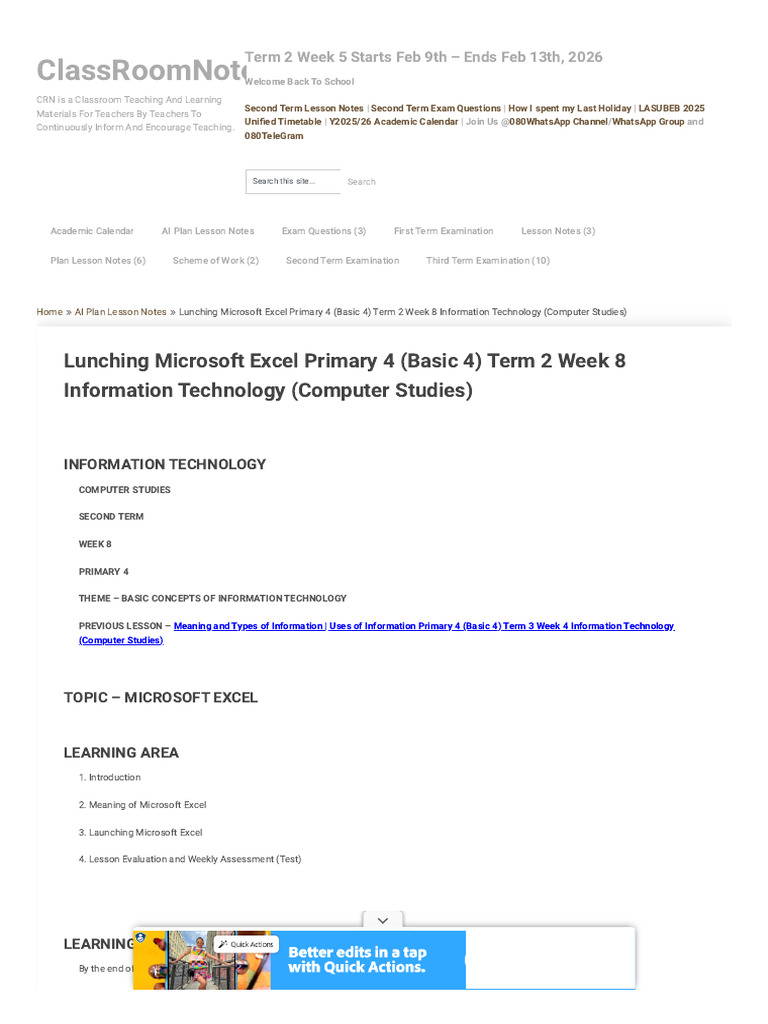 Lunching Microsoft Excel Primary 4 (Basic 4) Term 2 Week 8 Information ...