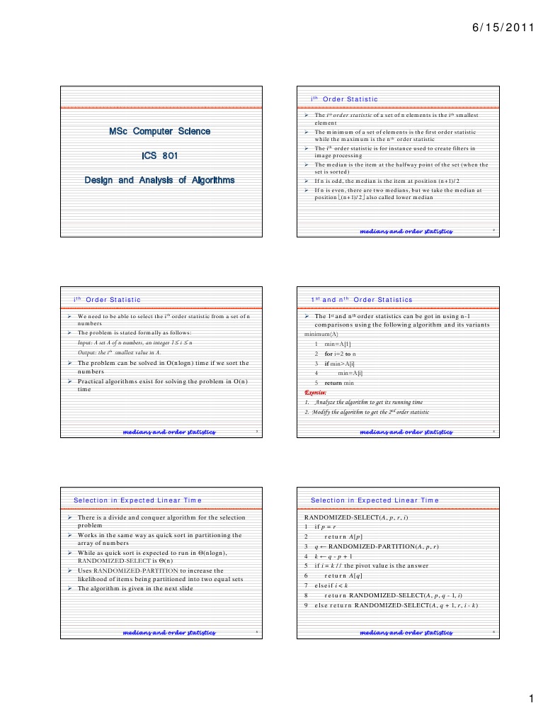 Analysis Of Algorithms Medians And Order Statistics Pdf Algorithms Theoretical Computer