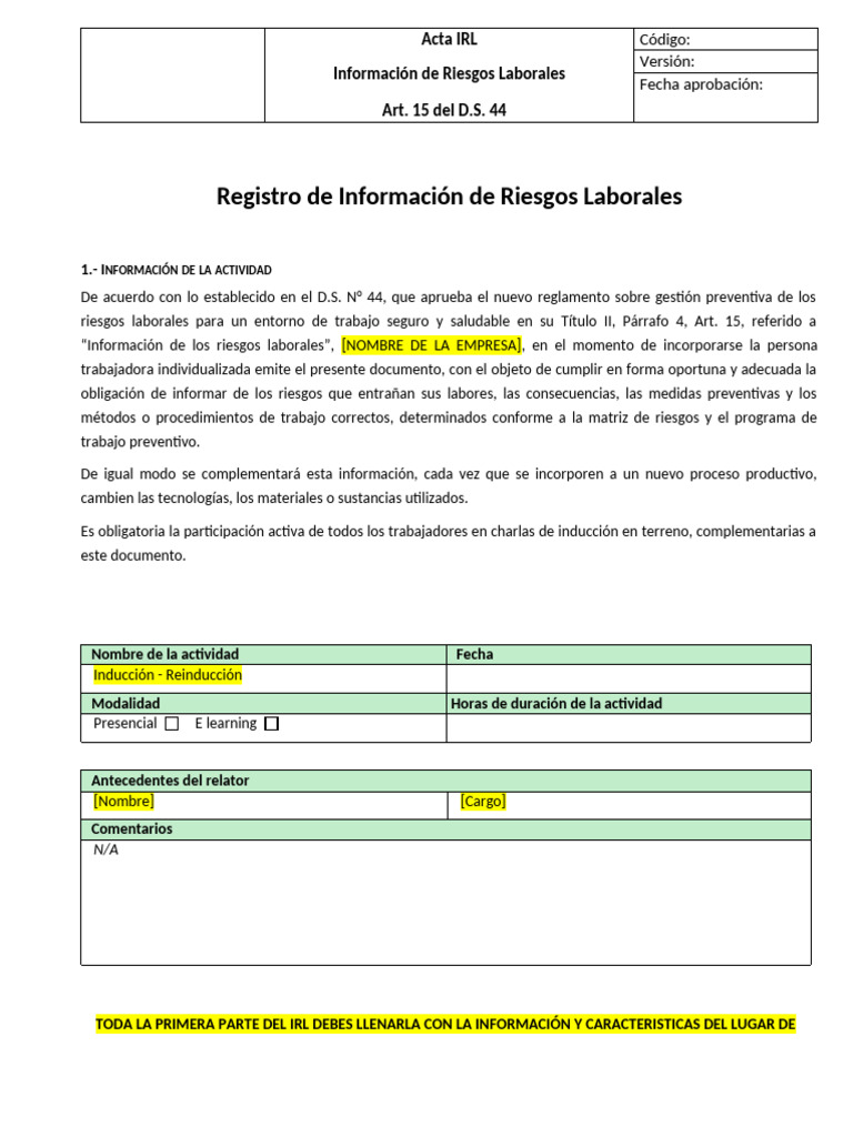 Formato Simple Irl Informacion de Los Riesgos Laborales v1.2 | PDF