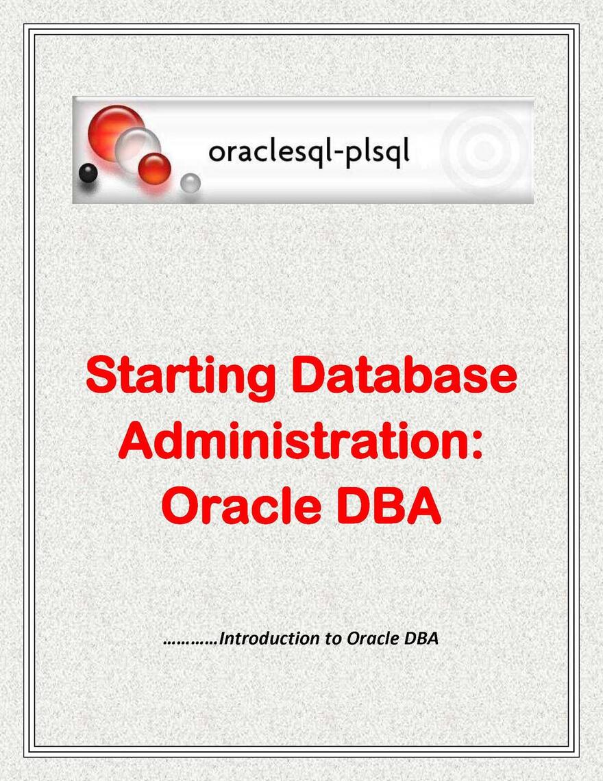 Starting Database Administration Oracle Dba By Oraclesql Plsql Book Read Online