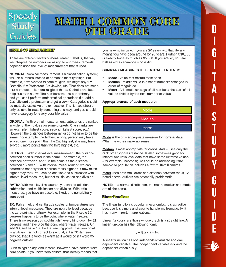 Math 1 Common Core 9th Grade (Speedy Study Guides) by Speedy Publishing ...